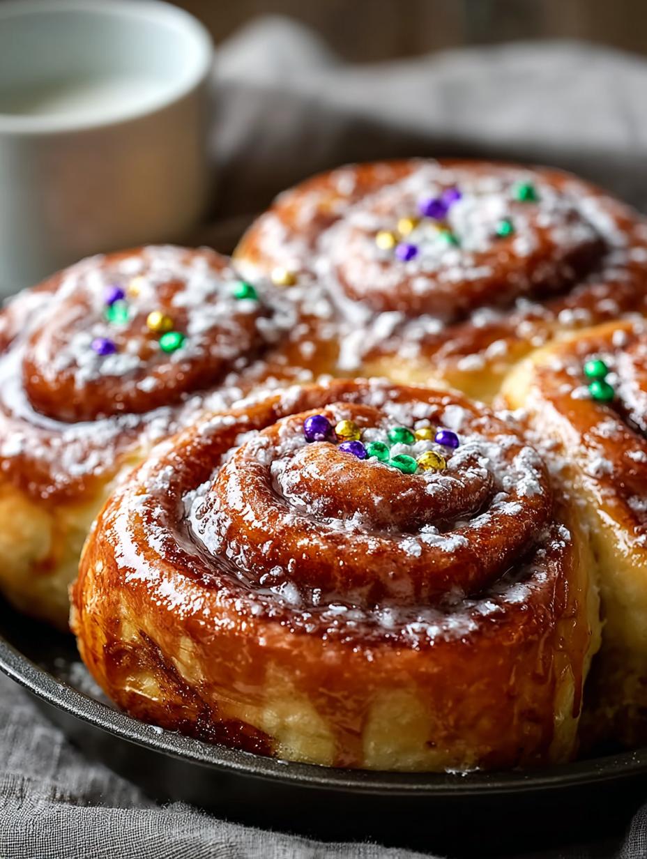 Delicious King Cake Cinnamon Rolls for Mardi Gras - RecipesBySophia